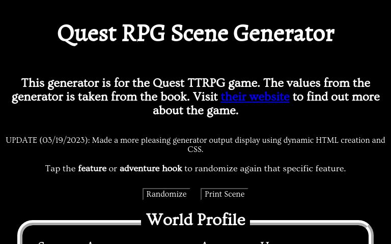 Quest RPG Scene/World Profile Generator