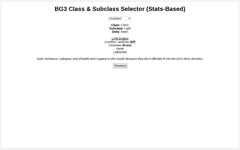 BG3 Class & Subclass Selector (Stats-Based) ― Perchance Generator