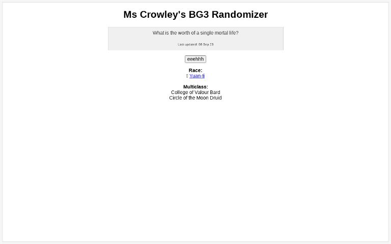 Ms Crowley's BG3 Randomizer ― Perchance Generator