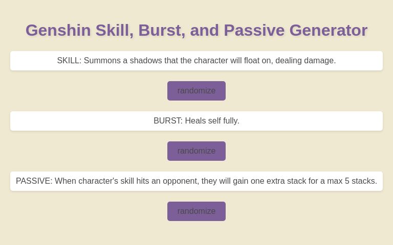 Genshin Skill, Burst, and Passive Generator