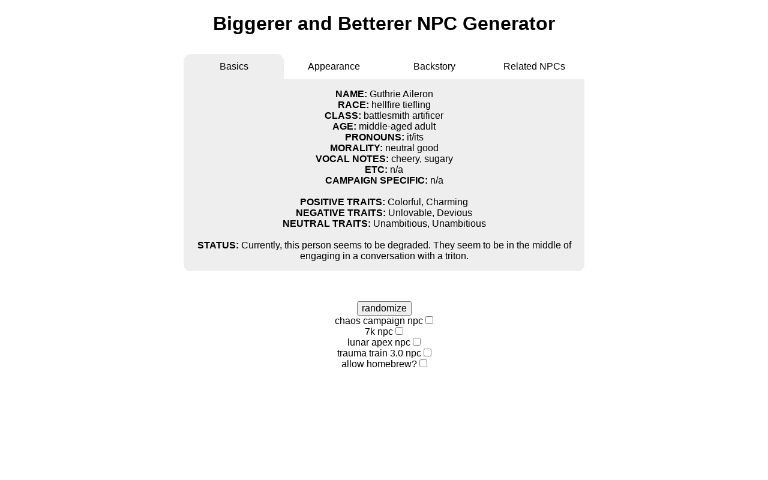 Biggerer and Betterer NPC Generator