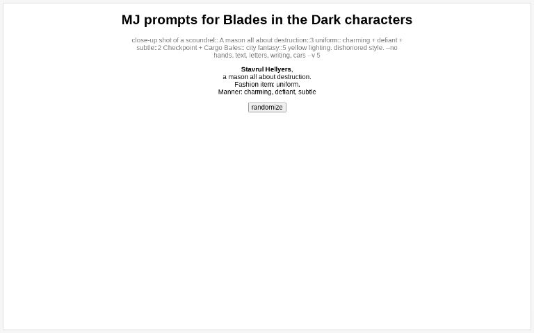 MJ prompts for Blades in the Dark characters ― Perchance Generator