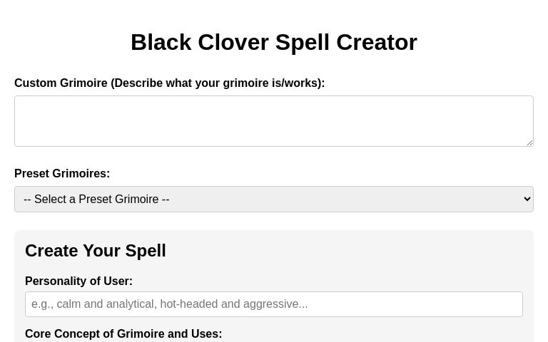 Black Clover Spell Creator ― Perchance Generator
