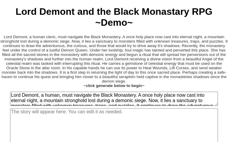 Lord Demont and the Black Monastary RPG ~Demo~ ― Perchance Generator