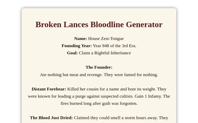 Broken Lances Bloodline Generator
