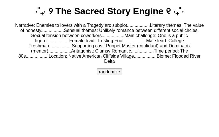 ⋅˚₊‧ ୨ The Sacred Story Engine ୧ ‧₊˚⋅ ― Perchance Generator