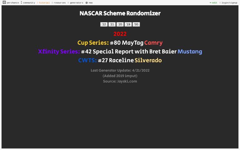 NASCAR Scheme Randomizer ― Perchance Generator
