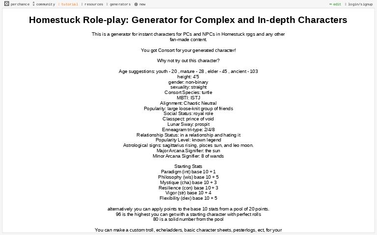 Homestuck Role-play: Generator for Complex and In-depth Characters