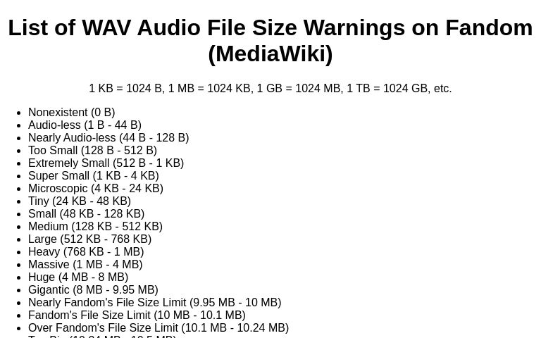 List of WAV Audio File Size Warnings on Fandom (MediaWiki) ― Perchance ...