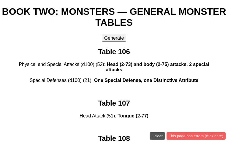 BOOK TWO: MONSTERS — GENERAL MONSTER TABLES