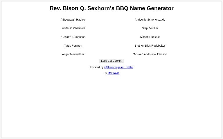 Rev. Bison Q. Sexhorn's BBQ Name Generator