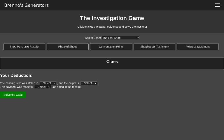 The Investigation Game ― Perchance Generator