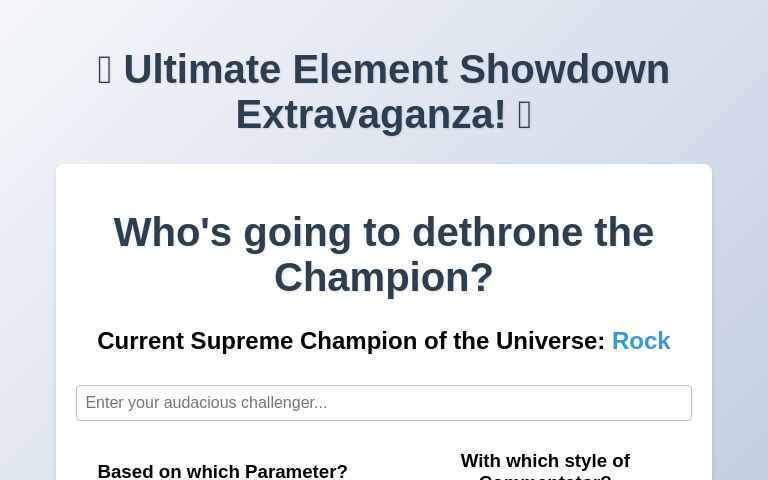 🏆 Ultimate Element Showdown Extravaganza! 🎭 ― Perchance Generator