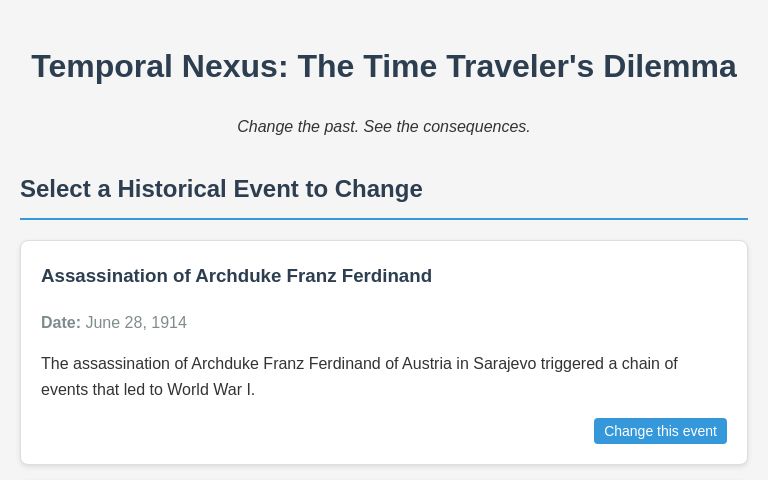 Temporal Nexus: The Time Traveler's Dilemma ― Perchance Generator
