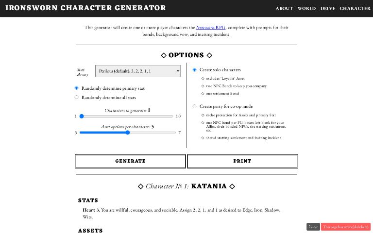 Ironsworn Character Generator 1.11, by rsek