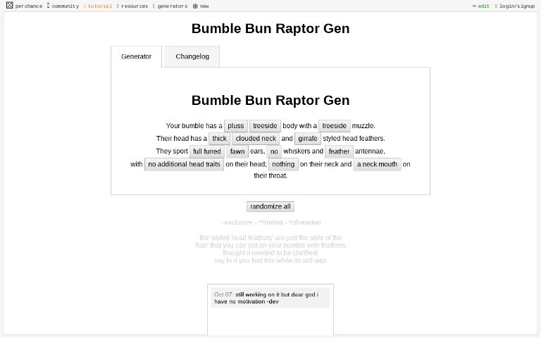 Bumble Bun Raptor Gen ― Perchance Generator
