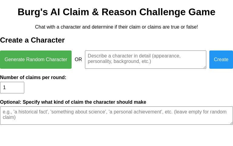 Burg's AI Claim & Reason Challenge Game ― Perchance Generator
