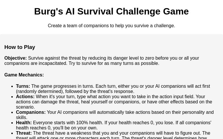 Burg's AI Survival Challenge Game ― Perchance Generator