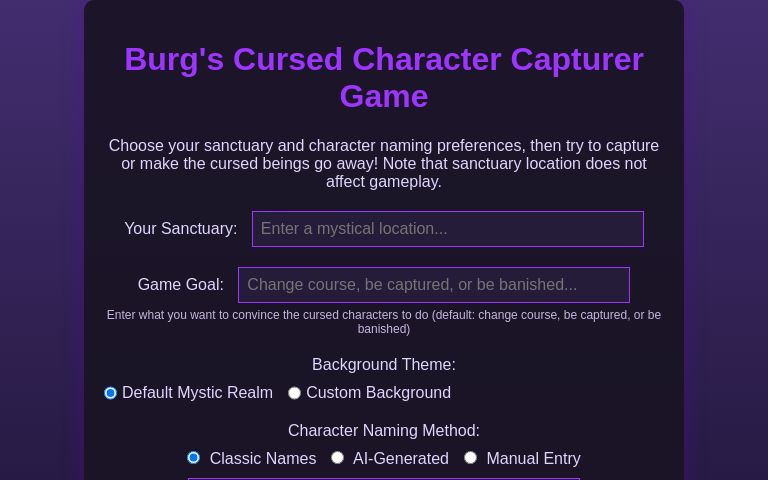 Burg's Cursed Character Capturer Game ― Perchance Generator
