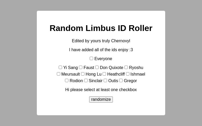 Random Limbus ID Roller ― Perchance Generator