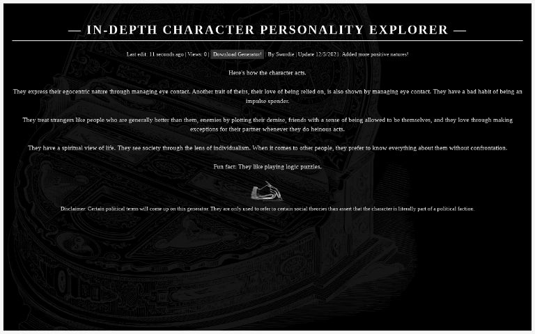 In-Depth Character Personality Explorer — ― Perchance Generator