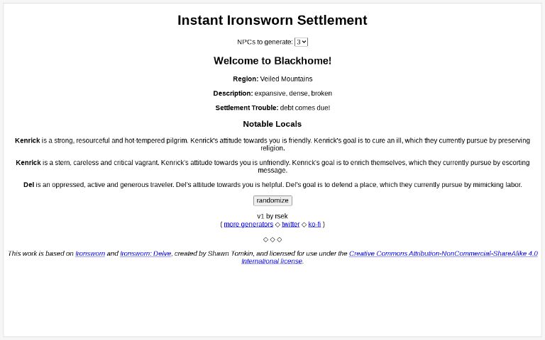 Instant Ironsworn Settlement ― Perchance Generator