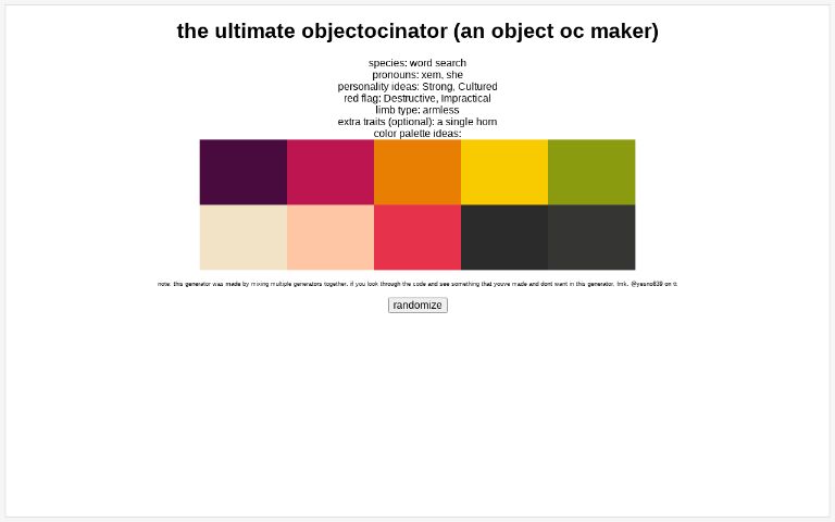 the ultimate objectocinator (an object oc maker) ― Perchance Generator