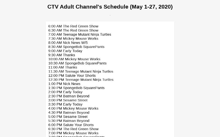 CTV Adult Channel's Schedule (May-September 2020) ― Perchance Generator