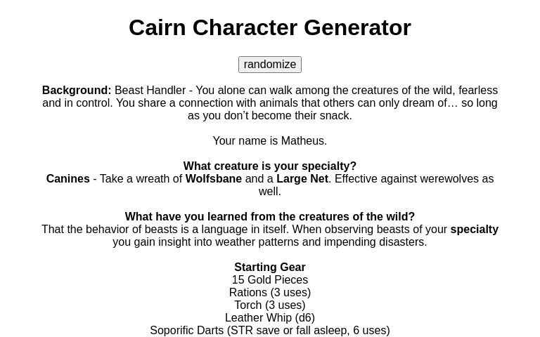 Cairn Character Generator
