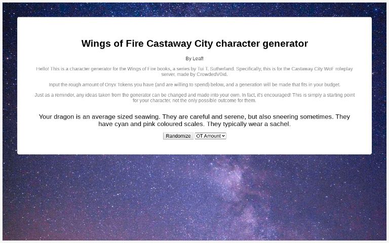 Wings of Fire Castaway City character generator