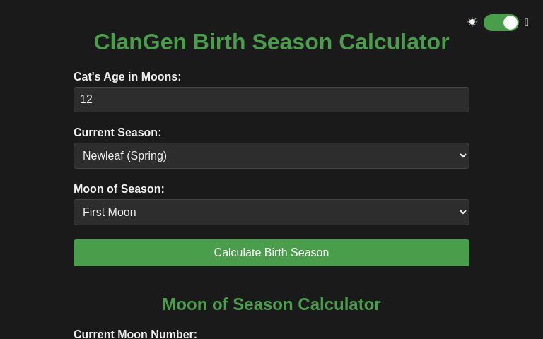 ClanGen Birth Season Calculator ― Perchance Generator