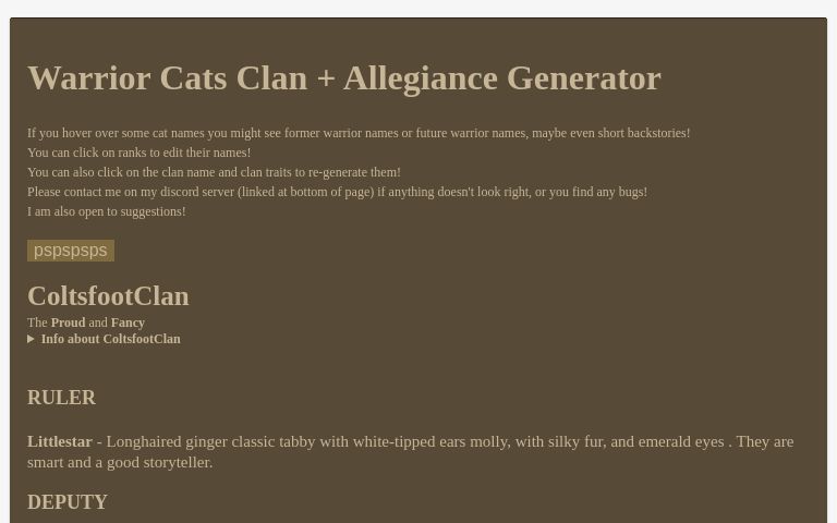 Warrior Cats Clan + Allegiance Generator