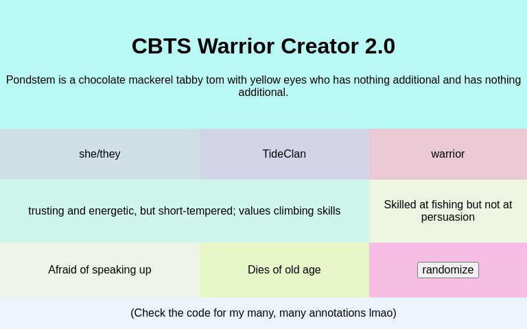 CBTS Warrior Creator 2.0 ― Perchance Generator