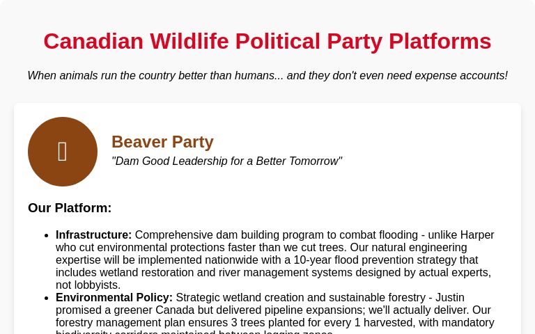 Canadian Wildlife Political Party Platforms ― Perchance Generator