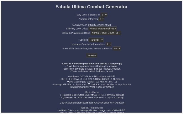 Fabula Ultima Combat Generator