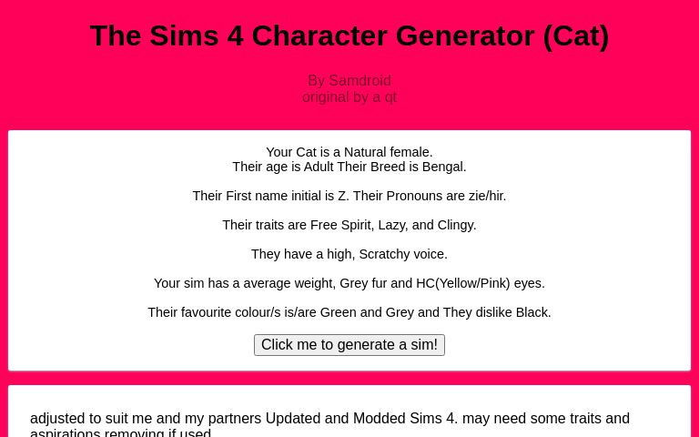 The Sims 4 Character Generator (Cat)