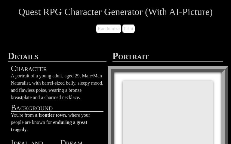 Quest RPG Character Generator (With AI-Picture)