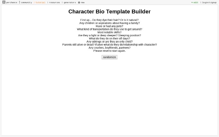 Character Bio Template Builder ― Perchance Generator