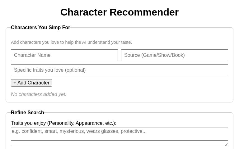 Character Recommender ― Perchance Generator