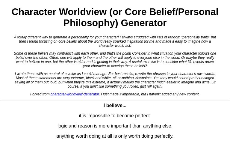 Character Worldview (or Core Belief/Personal Philosophy) Generator