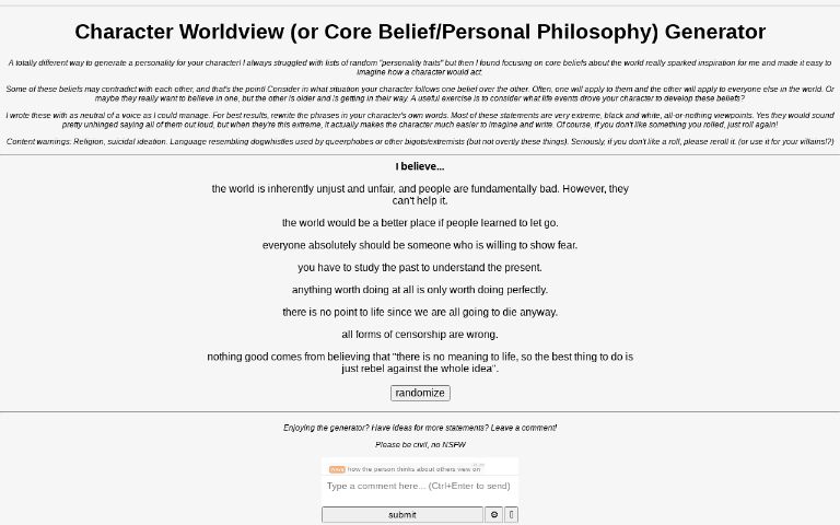 Character Worldview (or Core Belief/Personal Philosophy) Generator