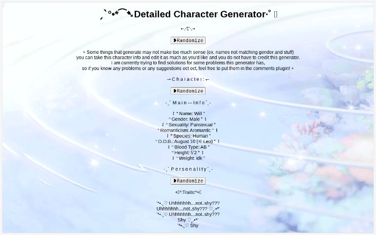 ˏˋ°•*⁀ Detailed Character Generator·˚ ༘
