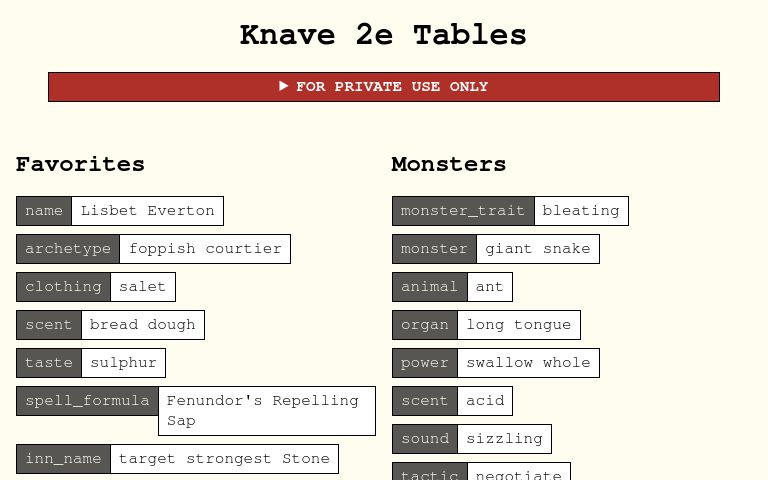 Knave 2e Tables ― Perchance Generator