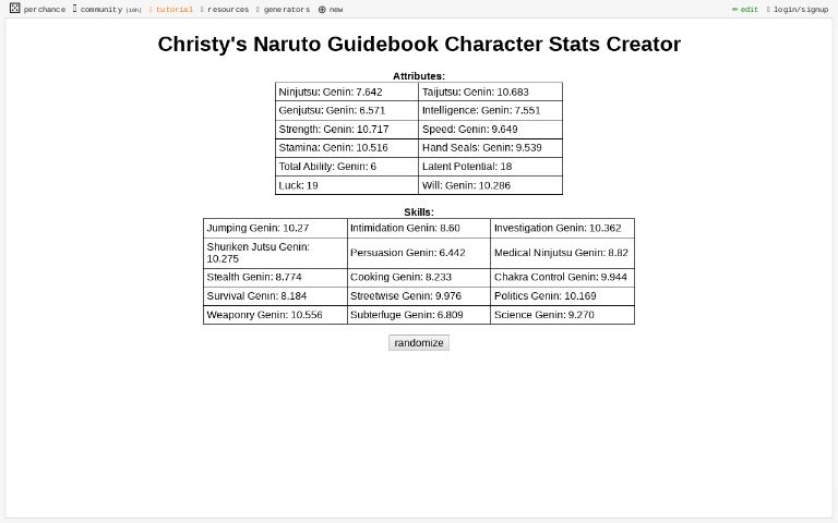Christy's Naruto Guidebook Character Stats Creator ― Perchance Generator