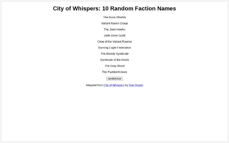 City of Whispers: 10 Random Faction Names ― Perchance Generator