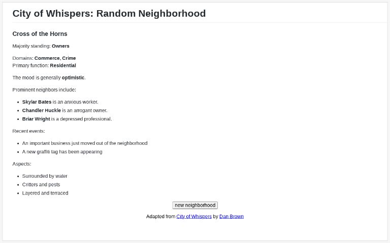 City of Whispers: Random Neighborhood ― Perchance Generator