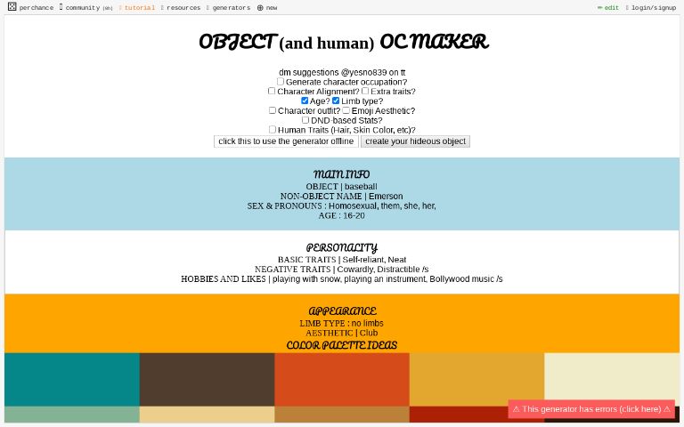 OBJECT (and human) OC MAKER ― Perchance Generator