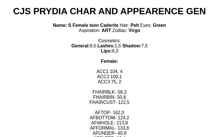 CJS PRYDIA CHAR AND APPEARENCE GEN ― Perchance Generator