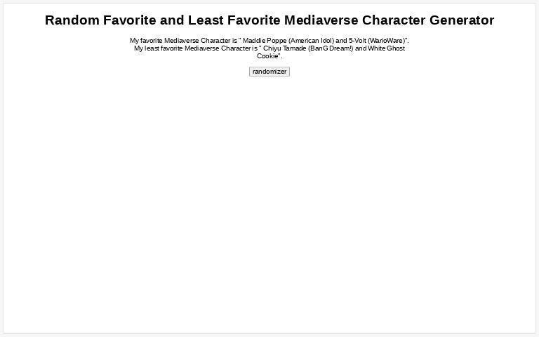 Random Favorite and Least Favorite Mediaverse Character Generator
