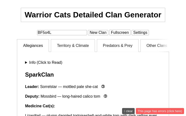 Warrior Cats Detailed Clan Generator